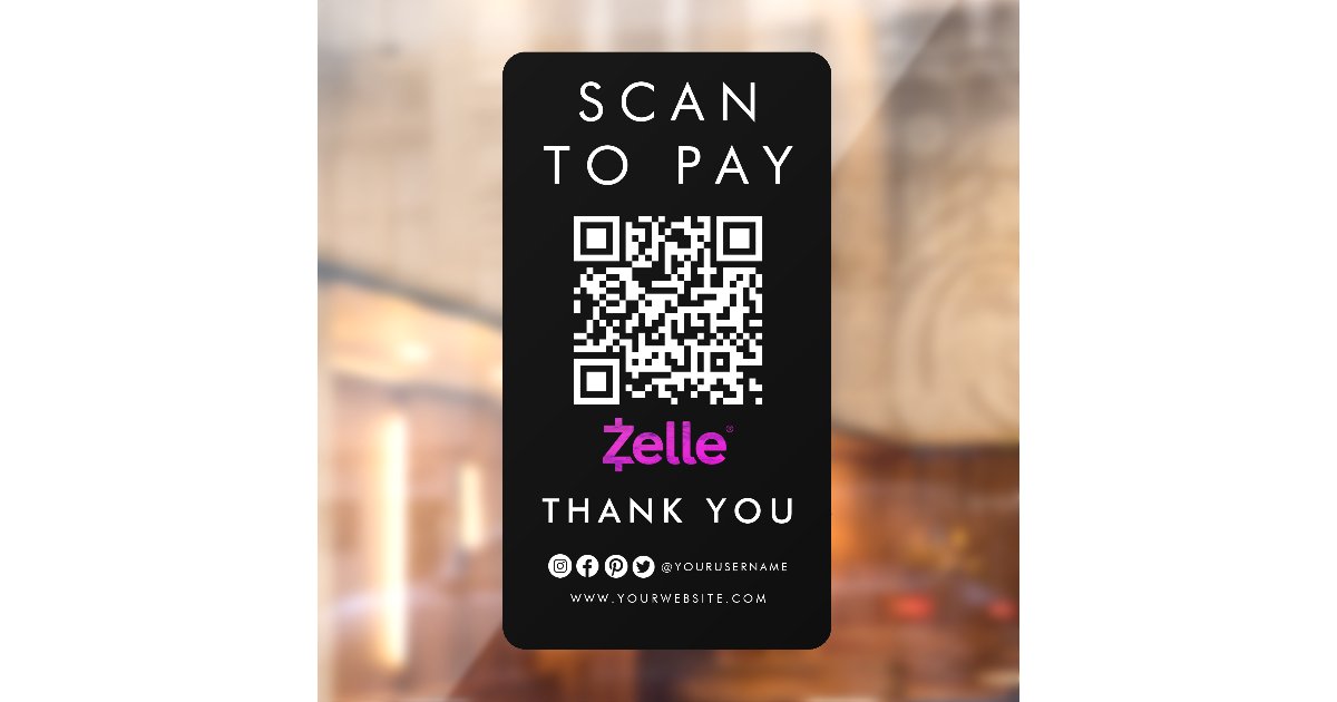 Thank you Zelle Scan to Pay QR Code Modern Black Window Cling | Zazzle