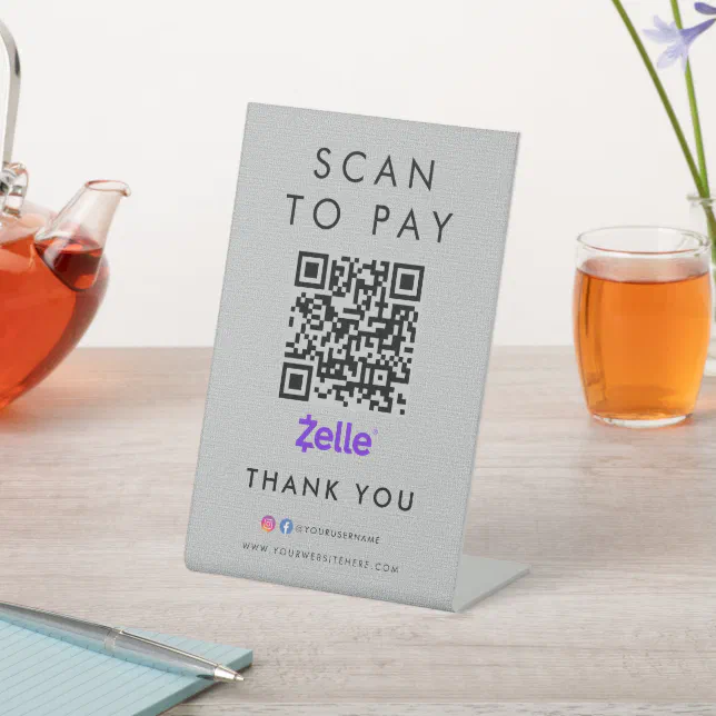 Thank you Zelle Scan to Pay QR Code Modern Grey Pedestal Sign | Zazzle