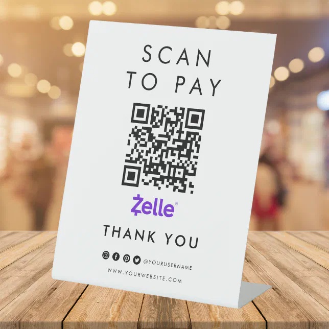 Thank you Zelle Scan to Pay QR Code Modern White Pedestal Sign | Zazzle