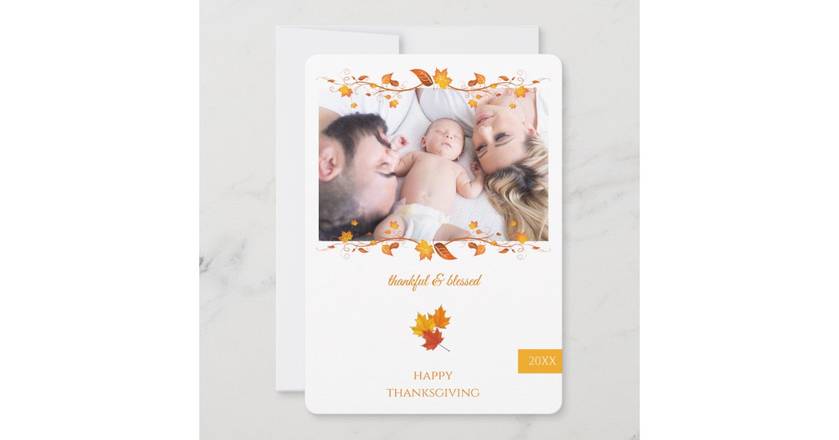 Thankful and Blessed Family Photo Thanksgiving Holiday Card | Zazzle