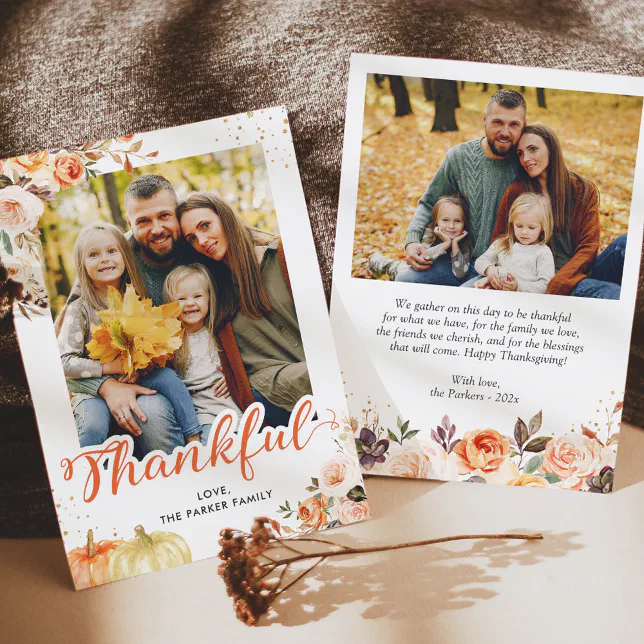Thankful Autumn Gold Floral 2 Photos Thanksgiving Holiday Card | Zazzle