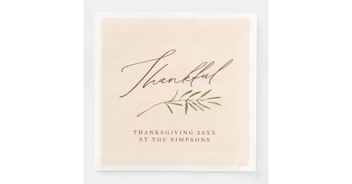 Thankful Calligraphy & Leaves Family Thanksgiving Paper Dinner Napkins ...
