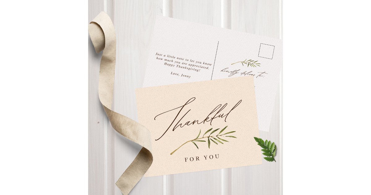Thankful for You Calligraphy & Leaves Thanksgiving Holiday Postcard ...