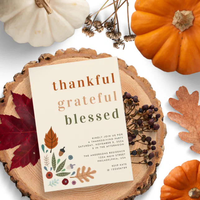 Thankful Grateful Blessed Chic Thanksgiving Party Invitation | Zazzle