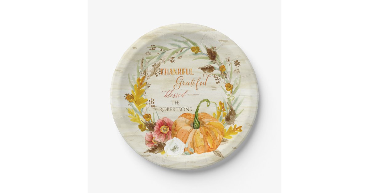 Thankful Grateful Blessed Fall Harvest Family Wood Paper Plates | Zazzle