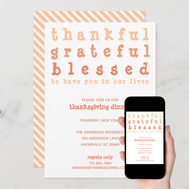 Thankful Grateful Blessed Striped Thanksgiving Invitation | Zazzle