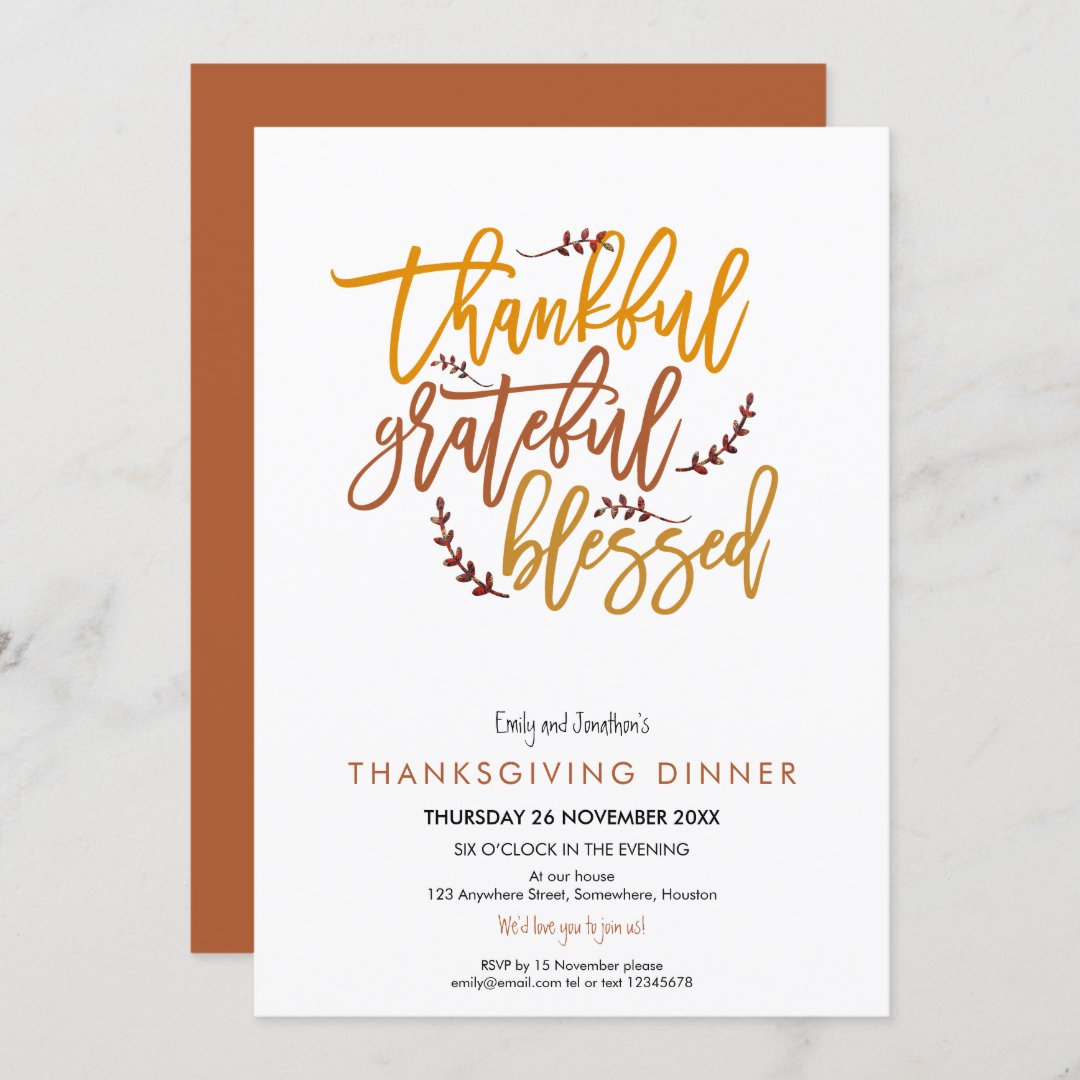 Thankful Grateful Blessed Thanksgiving Dinner Invitation | Zazzle