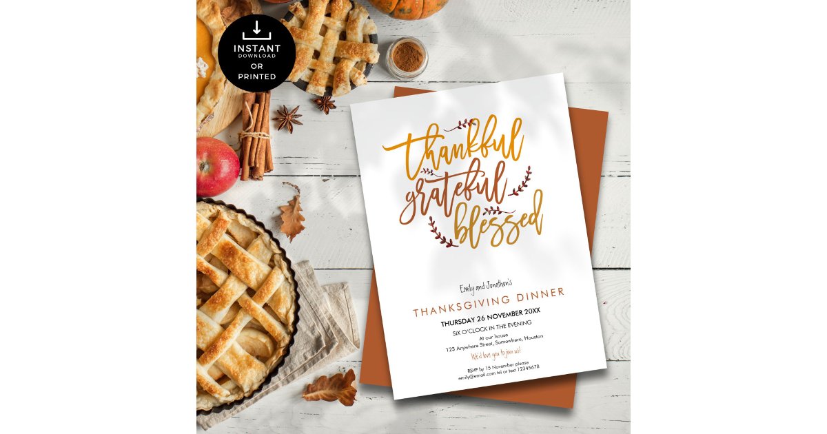 Thankful Grateful Blessed Thanksgiving Dinner Invitation | Zazzle