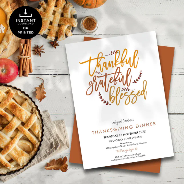 Thankful Grateful Blessed Thanksgiving Dinner Invitation | Zazzle