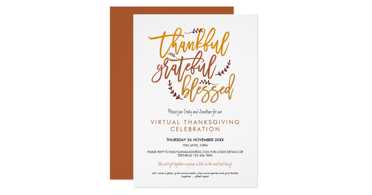 Thankful Grateful Blessed Virtual Thanksgiving Invitation | Zazzle.com