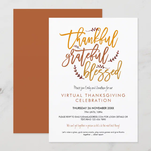 Thankful Grateful Blessed Virtual Thanksgiving Invitation | Zazzle