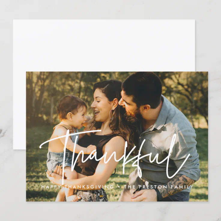 Thankful Modern Thanksgiving family photo Holiday Card | Zazzle