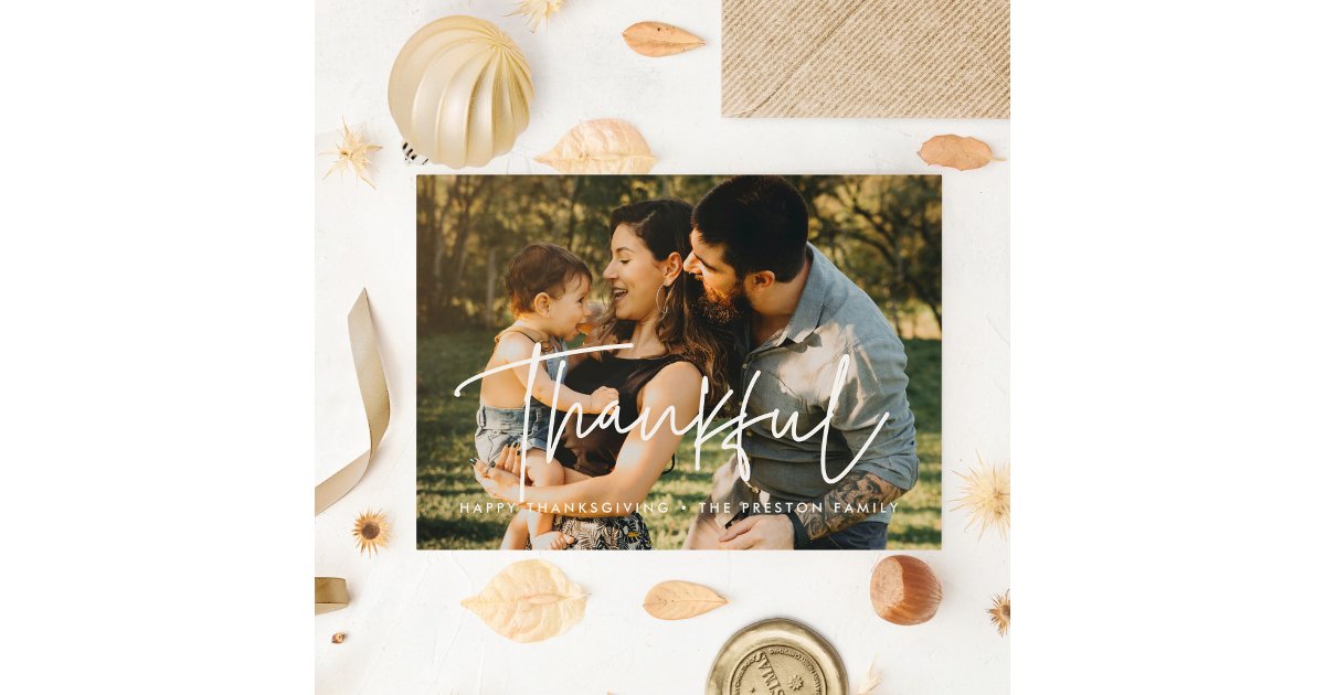 Thankful Modern Thanksgiving family photo Holiday Card | Zazzle