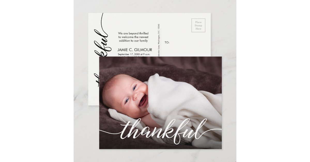 Thankful Script Custom Photo Baby Thank You Birth Announcement Postcard ...