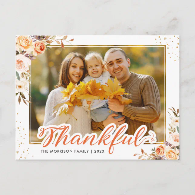 Thankful Script Fall Floral Thanksgiving Photo Postcard | Zazzle