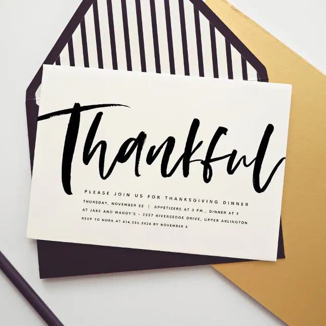 Thankful script modern black & white Thanksgiving Invitation | Zazzle