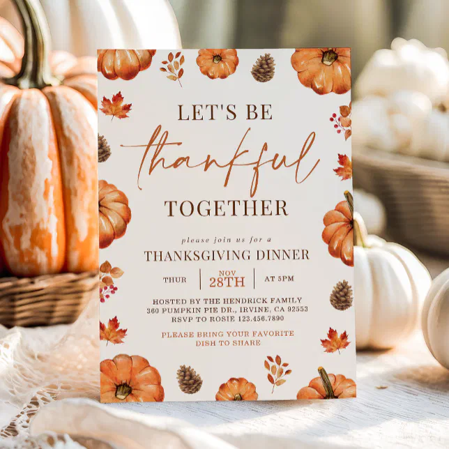 Thankful Together Fall Pumpkin Thanksgiving Dinner Invitation | Zazzle