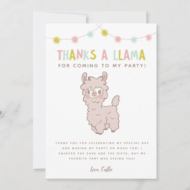 Thanks A Llama Cute Kids Birthday Party Thank You Card | Zazzle