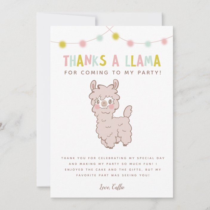 Thanks A Llama Cute Kids Birthday Party Thank You Card | Zazzle.com