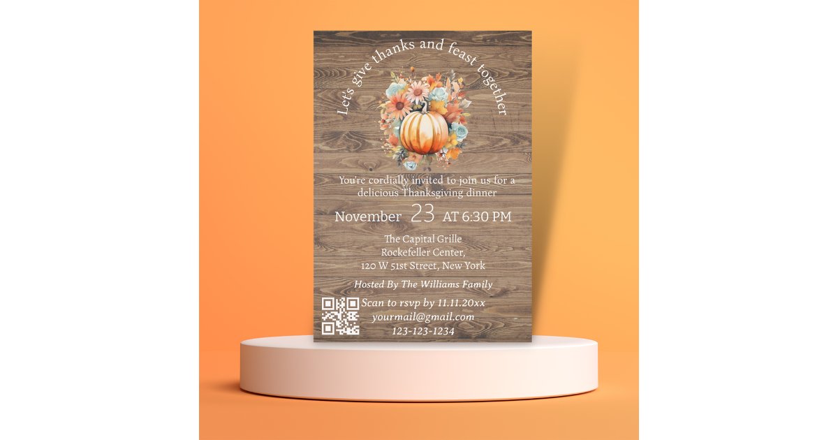 thanks & feast thanksgiving rustic qr code modern invitation | Zazzle