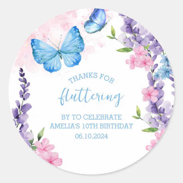 Thanks for fluttering Butterflies Birthday Classic Round Sticker | Zazzle