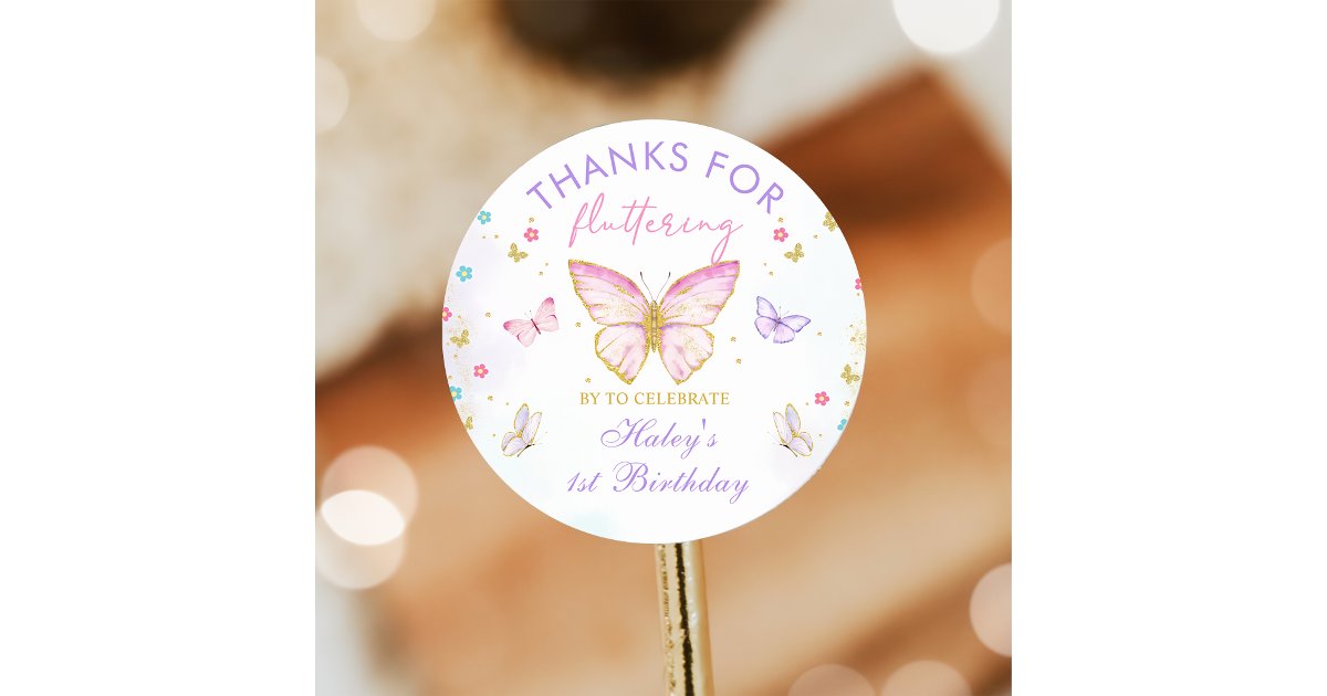 Thanks For Fluttering By Butterfly Thank You Classic Round Sticker | Zazzle