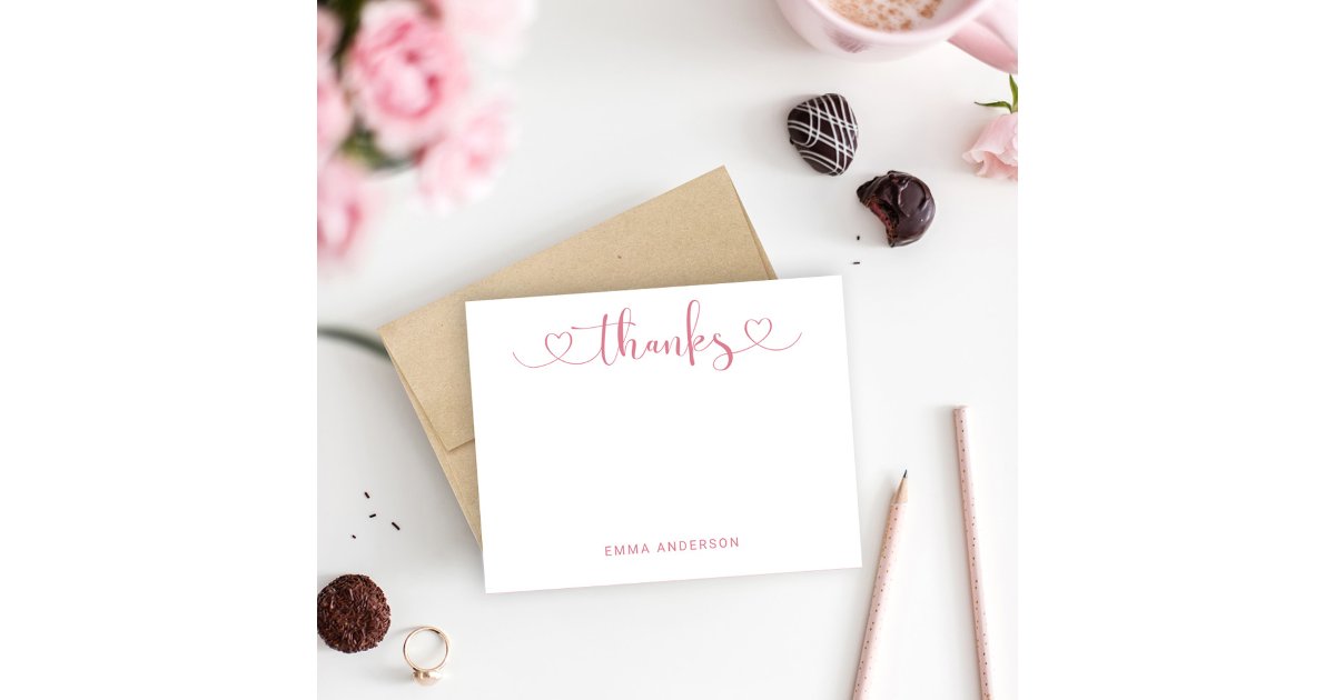 Thanks in Modern Pink Heart Script Personalized Thank You Card | Zazzle