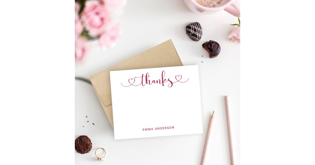 Thanks in Modern Red Heart Script Personalized Thank You Card | Zazzle