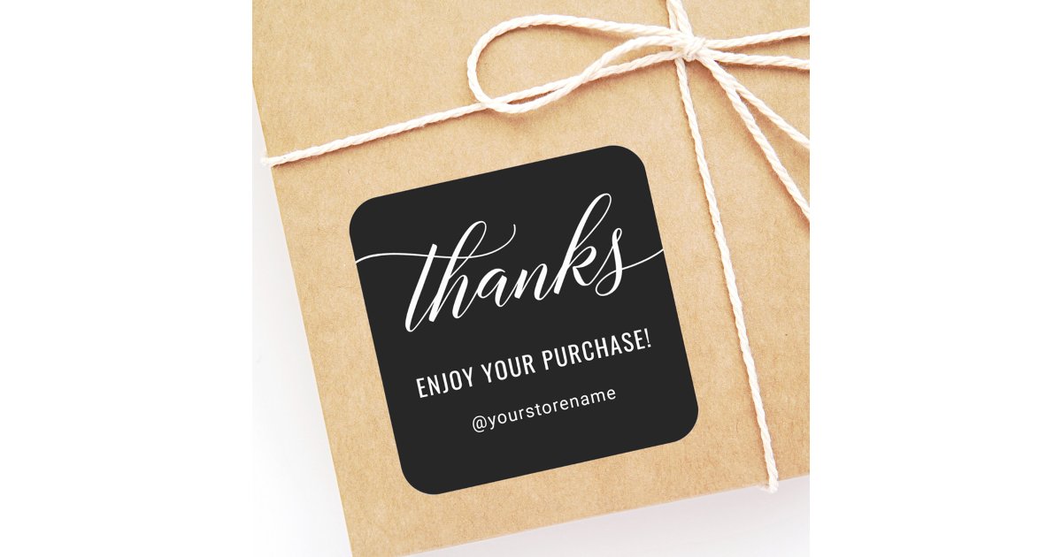Thanks in White Modern Script Black Thank You Square Sticker | Zazzle