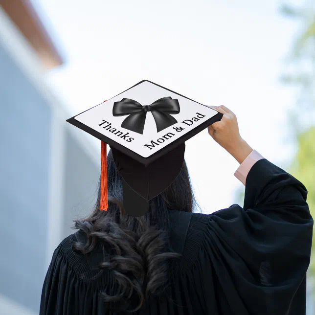 Thanks Mom and Dad Black Bow Coquette Graduation Cap Topper | Zazzle