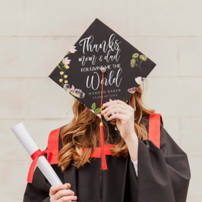 Thanks Mom & Dad | Floral Wreath Custom Monogram Graduation Cap Topper ...