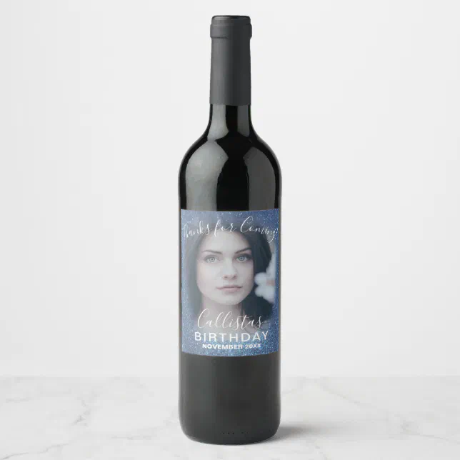 Thanks Navy Blue Glitter Ombre Photo Birthday Wine Label | Zazzle