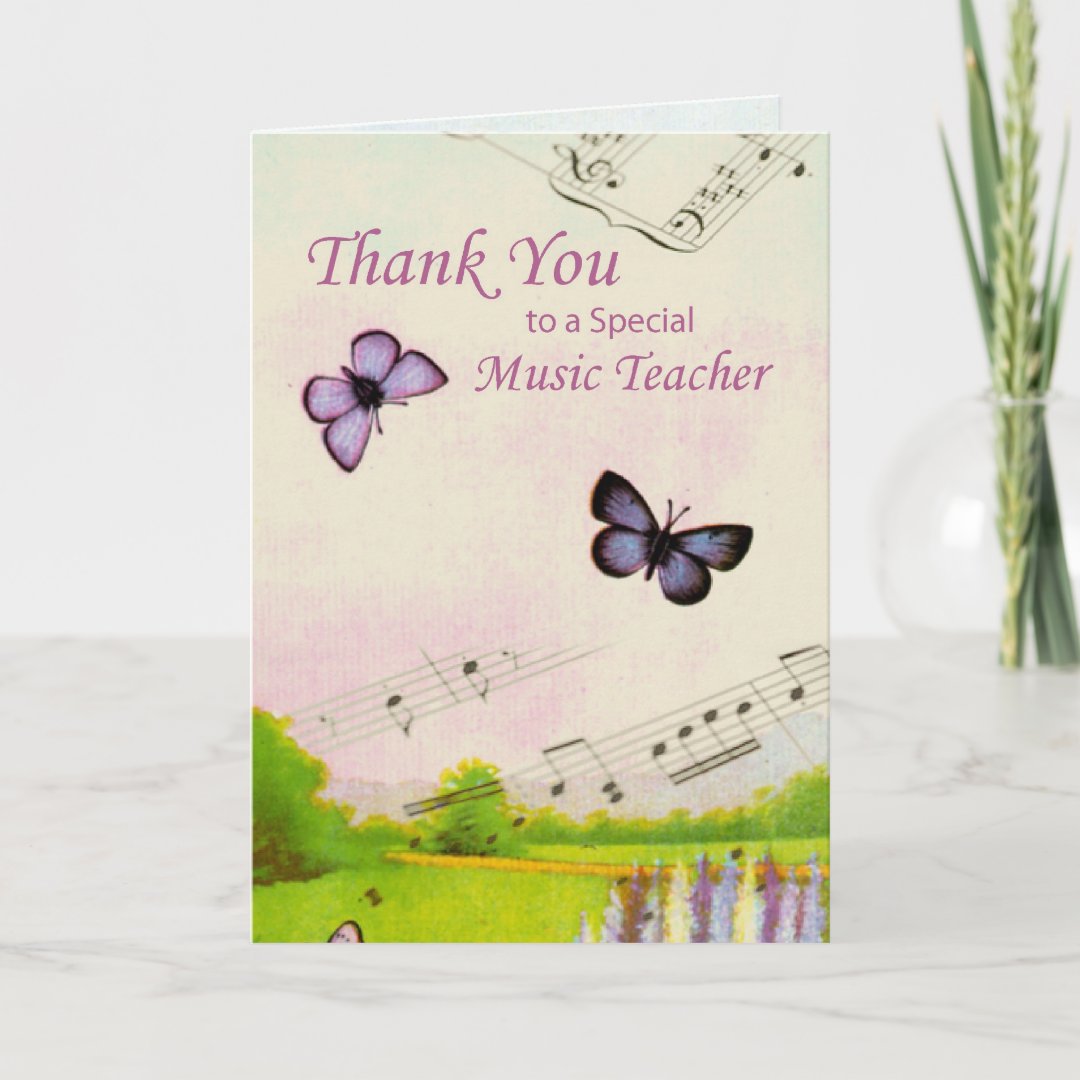 Thanks Teacher, Music, Butterflies Thank You Card | Zazzle