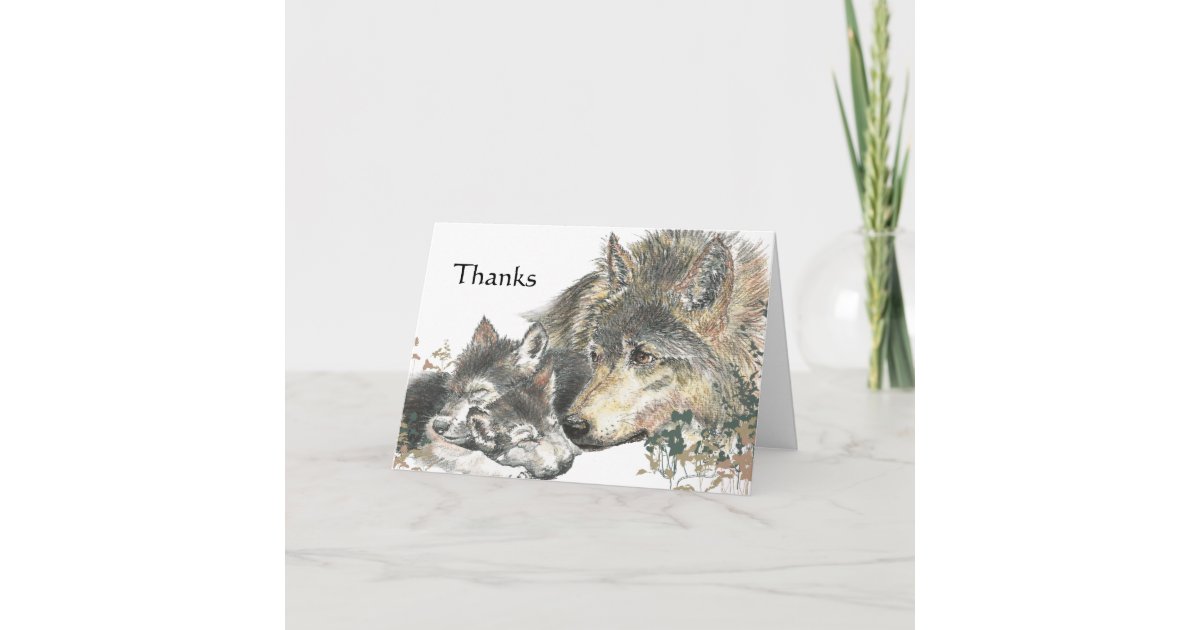 Thanks Watercolor Wolf & Cubs Animal Art Thank You Card | Zazzle