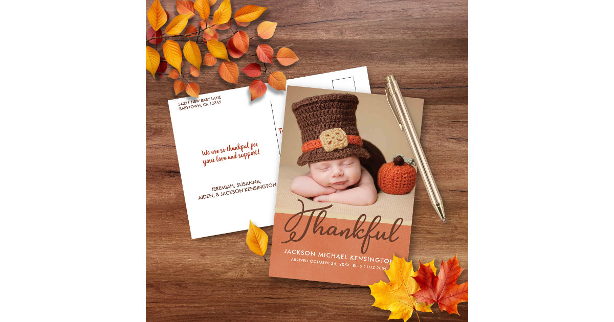 Thanksgiving Autumn Baby Birth Photo Announcement Postcard | Zazzle