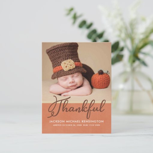 Thanksgiving Autumn Baby Birth Photo Announcement Postcard | Zazzle