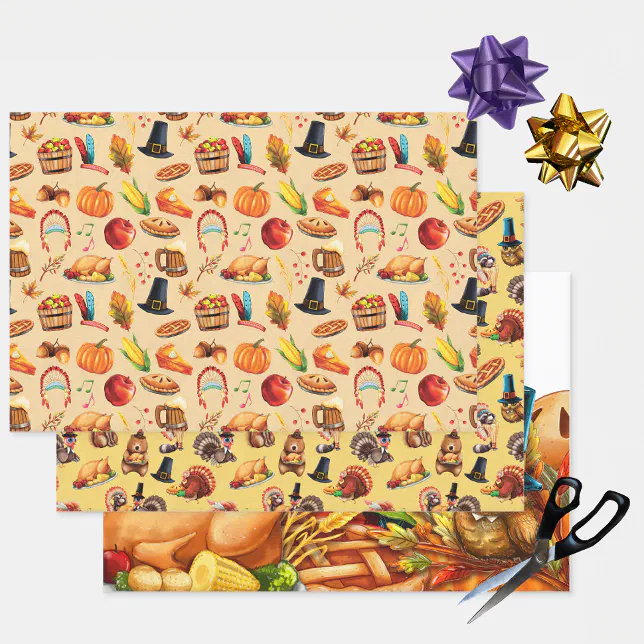 Thanksgiving Autumn Pumpkin Pie Animals Wrapping Paper Sheets | Zazzle
