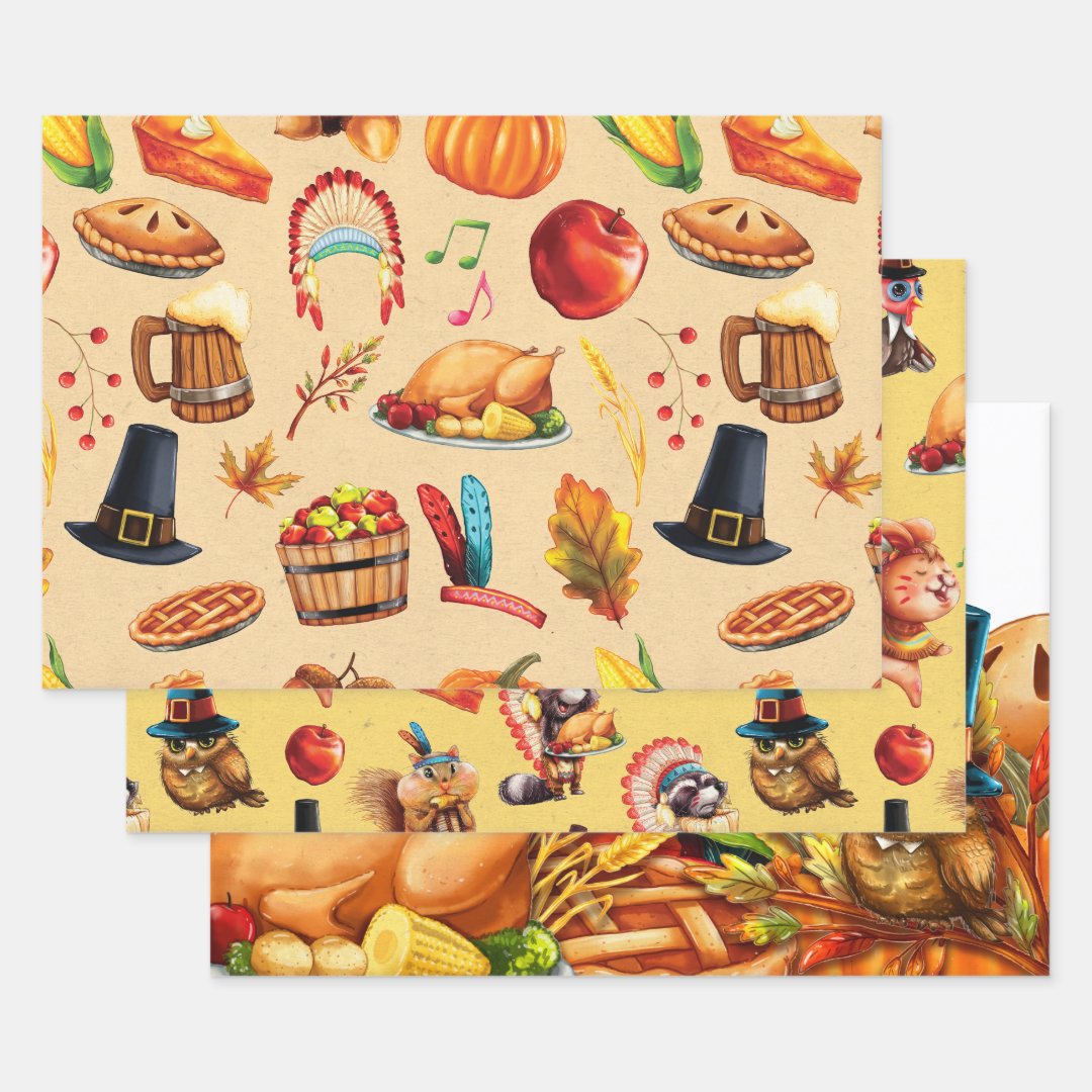 Thanksgiving Autumn Pumpkin Pie Animals Wrapping Paper Sheets | Zazzle