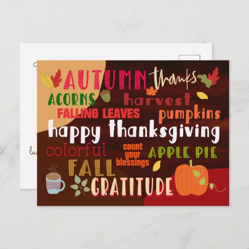 Thanksgiving Autumn Wordart Colorful Typography Postcard | Zazzle