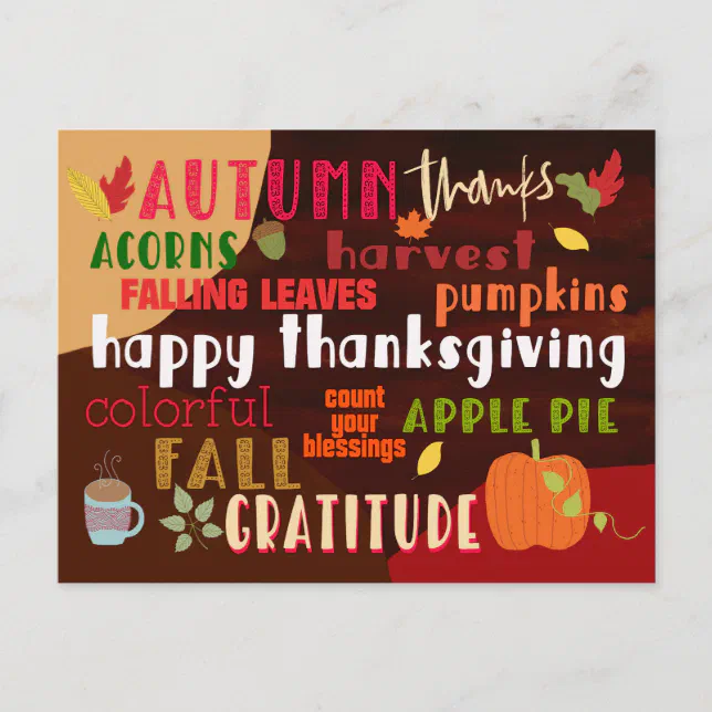 Thanksgiving Autumn Wordart Colorful Typography Postcard | Zazzle