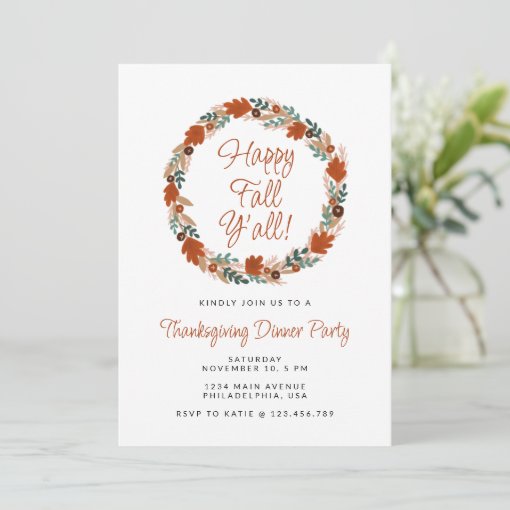Thanksgiving Autumn Wreath Happy Fall Y’all Dinner Invitation | Zazzle