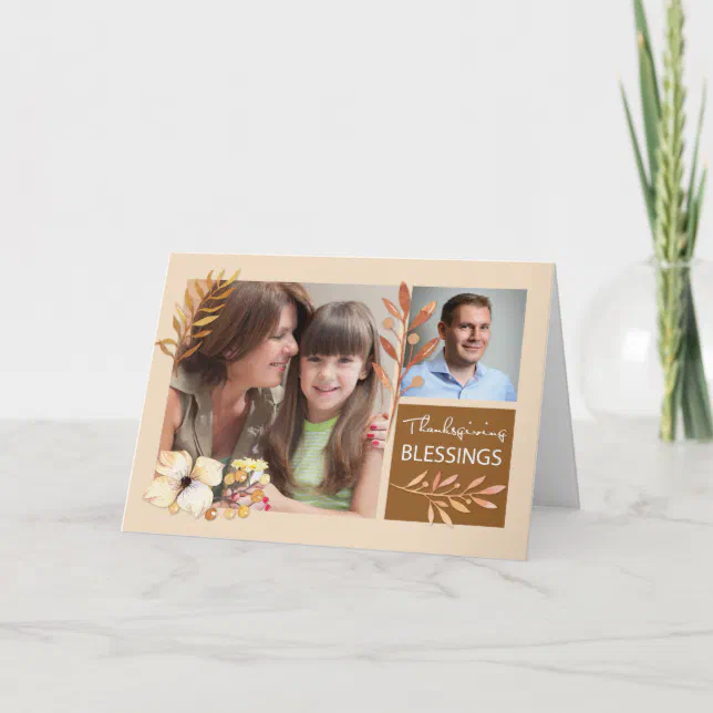 Thanksgiving Blessings Fall Leaves With Two Photos Card | Zazzle