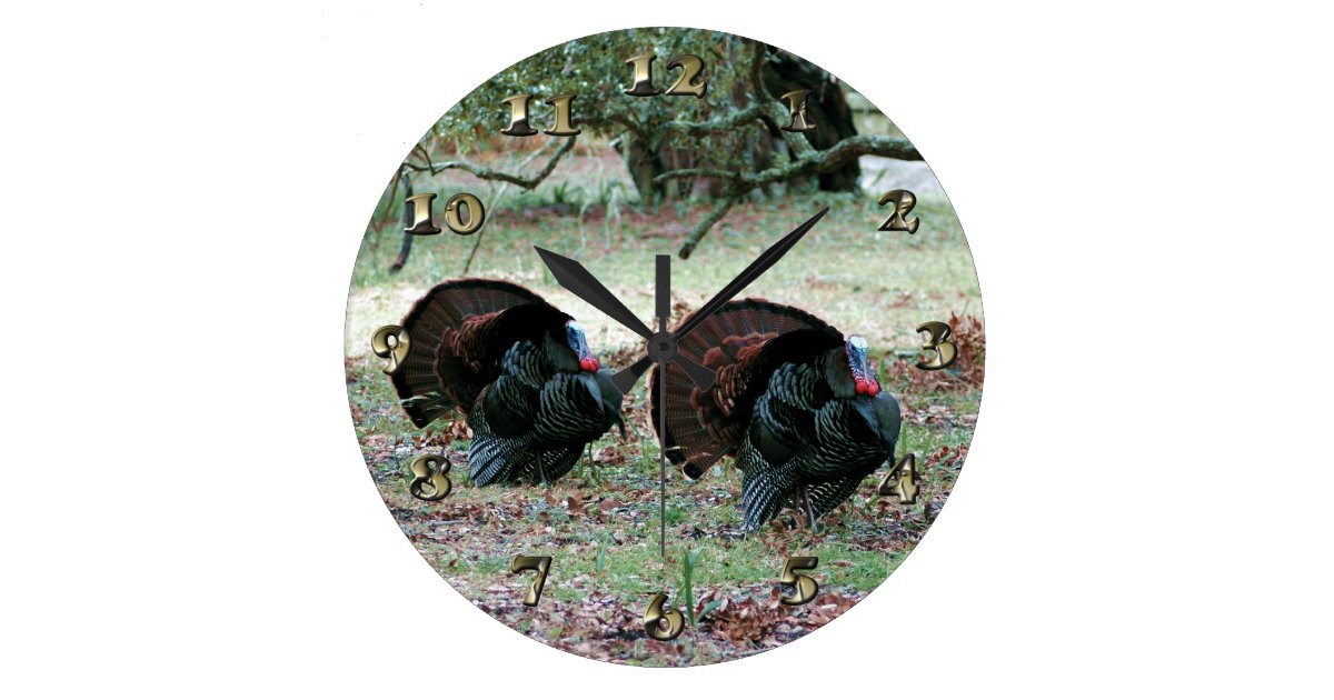 Thanksgiving Day Wild Turkeys in an Open Field Large Clock | Zazzle