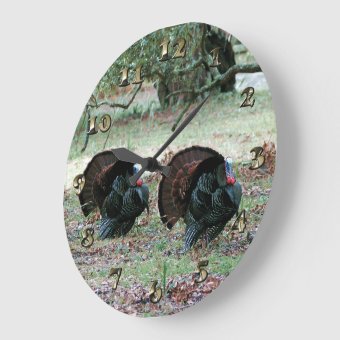 Thanksgiving Day Wild Turkeys in an Open Field Large Clock | Zazzle