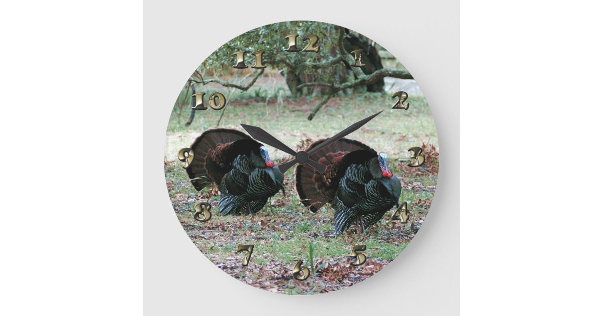 Thanksgiving Day Wild Turkeys in an Open Field Large Clock | Zazzle
