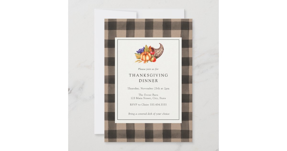 Thanksgiving Dinner Brown Buffalo Plaid Invitation | Zazzle