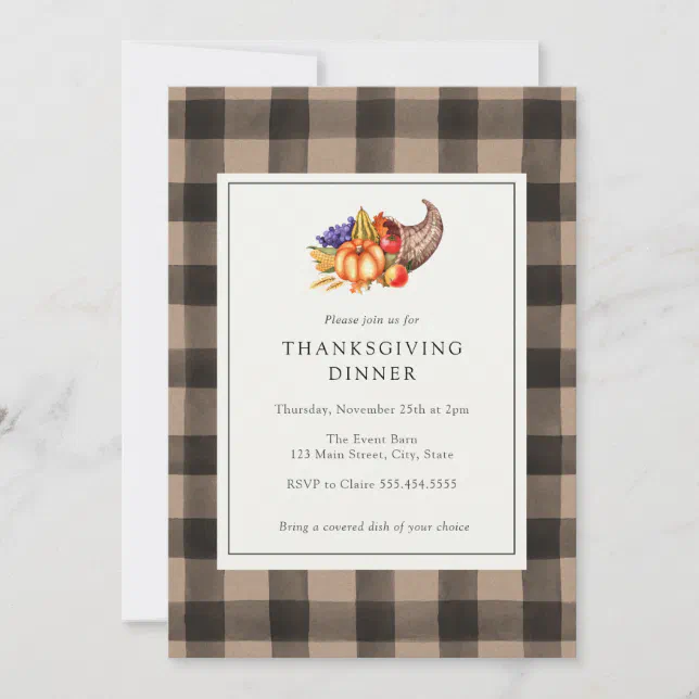 Thanksgiving Dinner Brown Buffalo Plaid Invitation | Zazzle