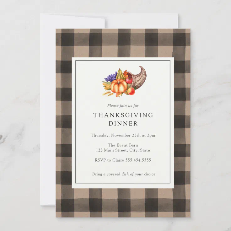 Thanksgiving Dinner Brown Buffalo Plaid Invitation | Zazzle