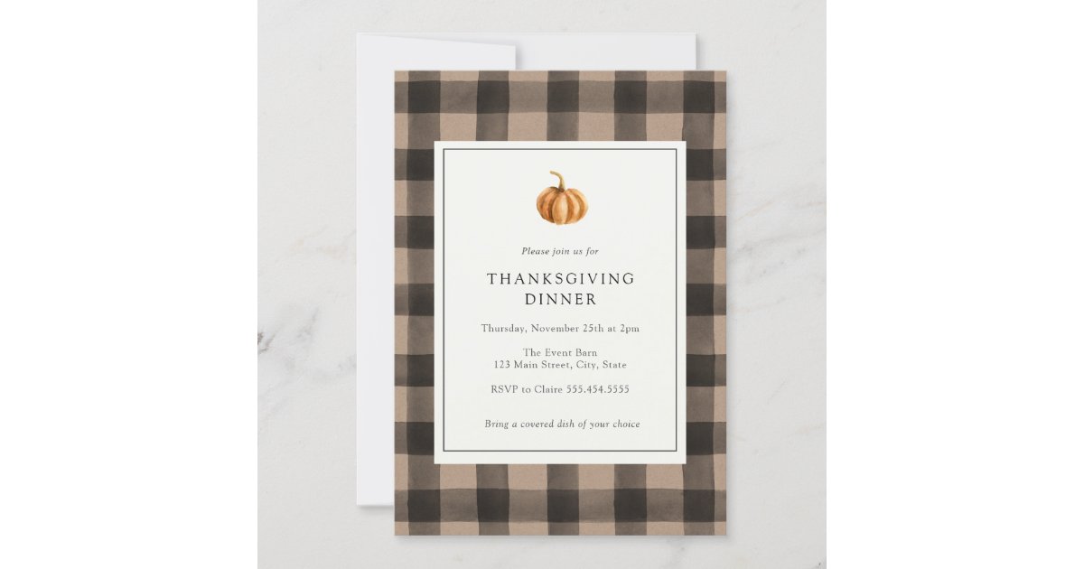 Thanksgiving Dinner Brown Buffalo Plaid Invitation | Zazzle