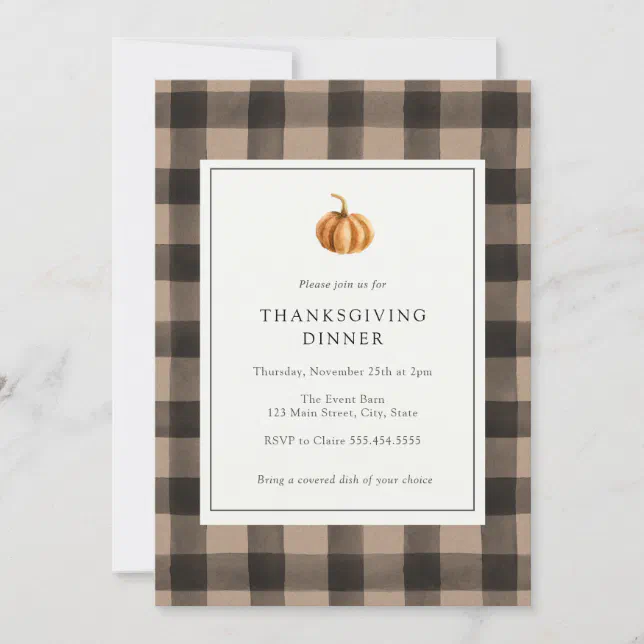 Thanksgiving Dinner Brown Buffalo Plaid Invitation | Zazzle